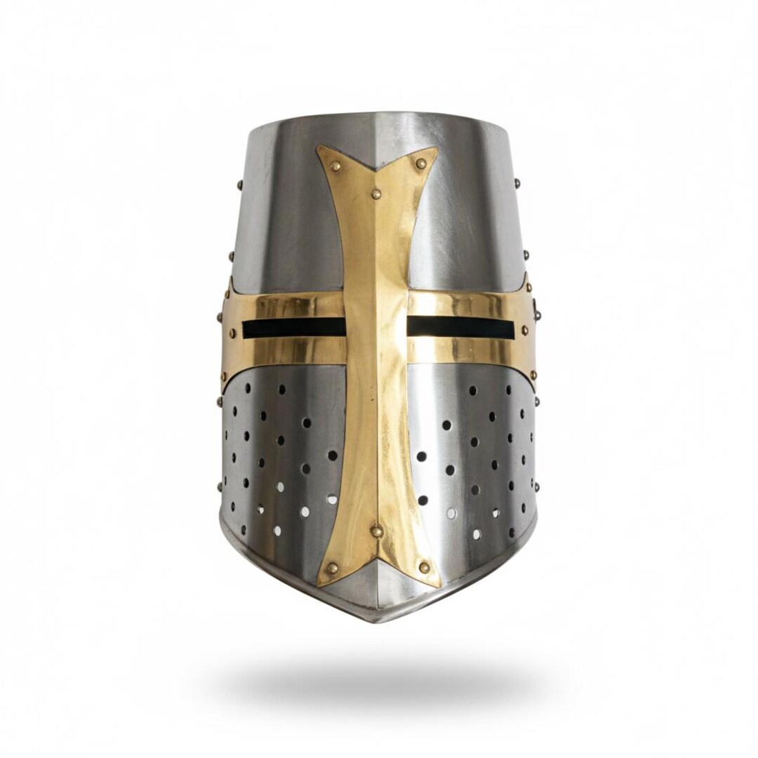 Medieval Crusader Helmet, Steel and Brass, Great Helm Style, Knight ...