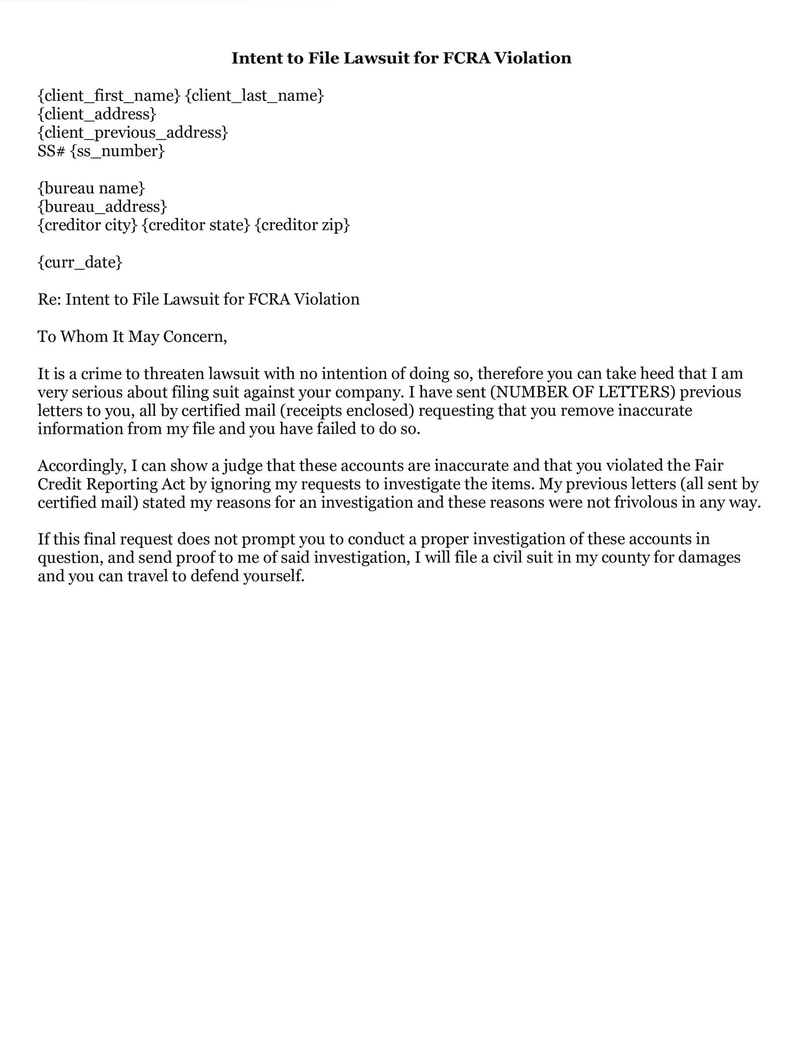 Intent to File Lawsuit Letter | FCRA Violation Legal Template | Credit ...