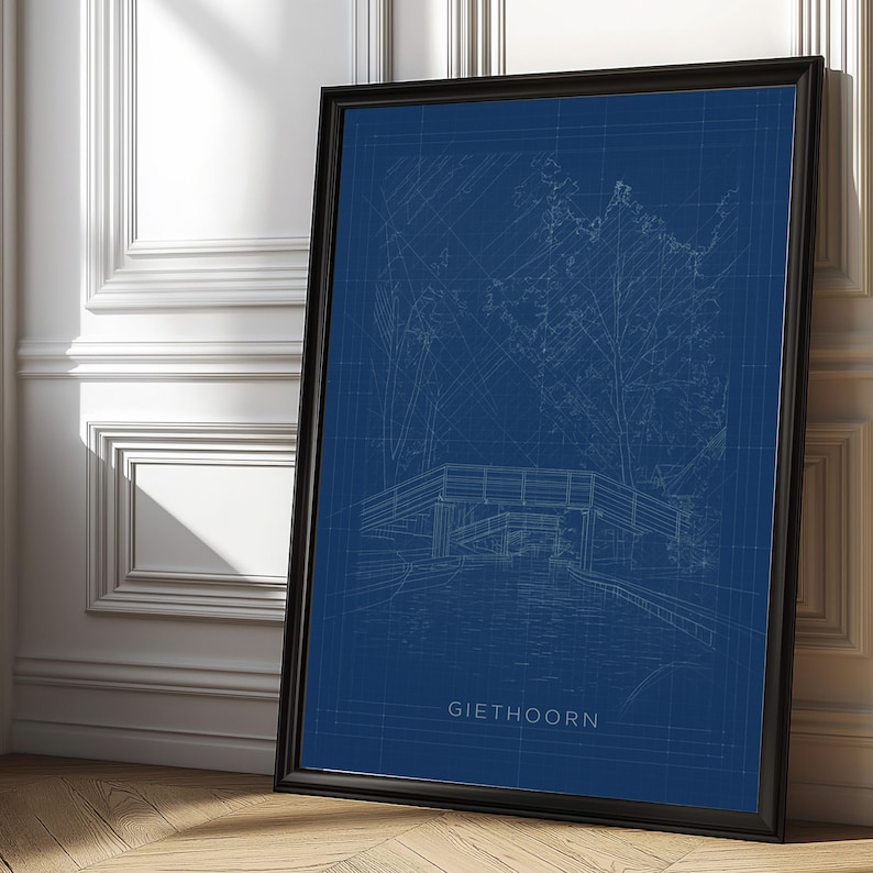Giethoorn Canal Blueprint Art – Vintage Netherlands Travel Poster - Etsy