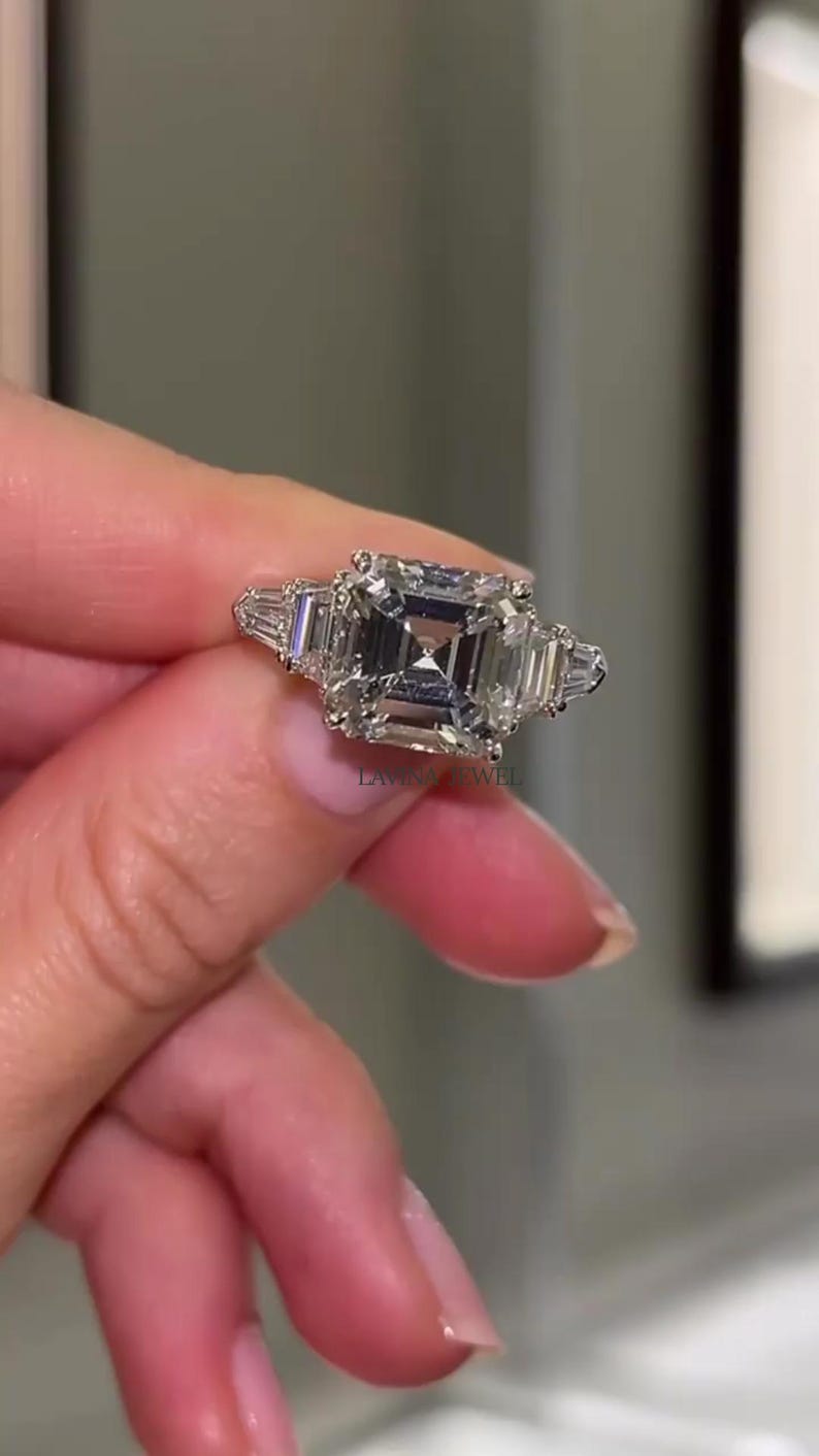 Asscher Cut Moissanite Engagement Ring, Side Trapezoid & Tappered ...