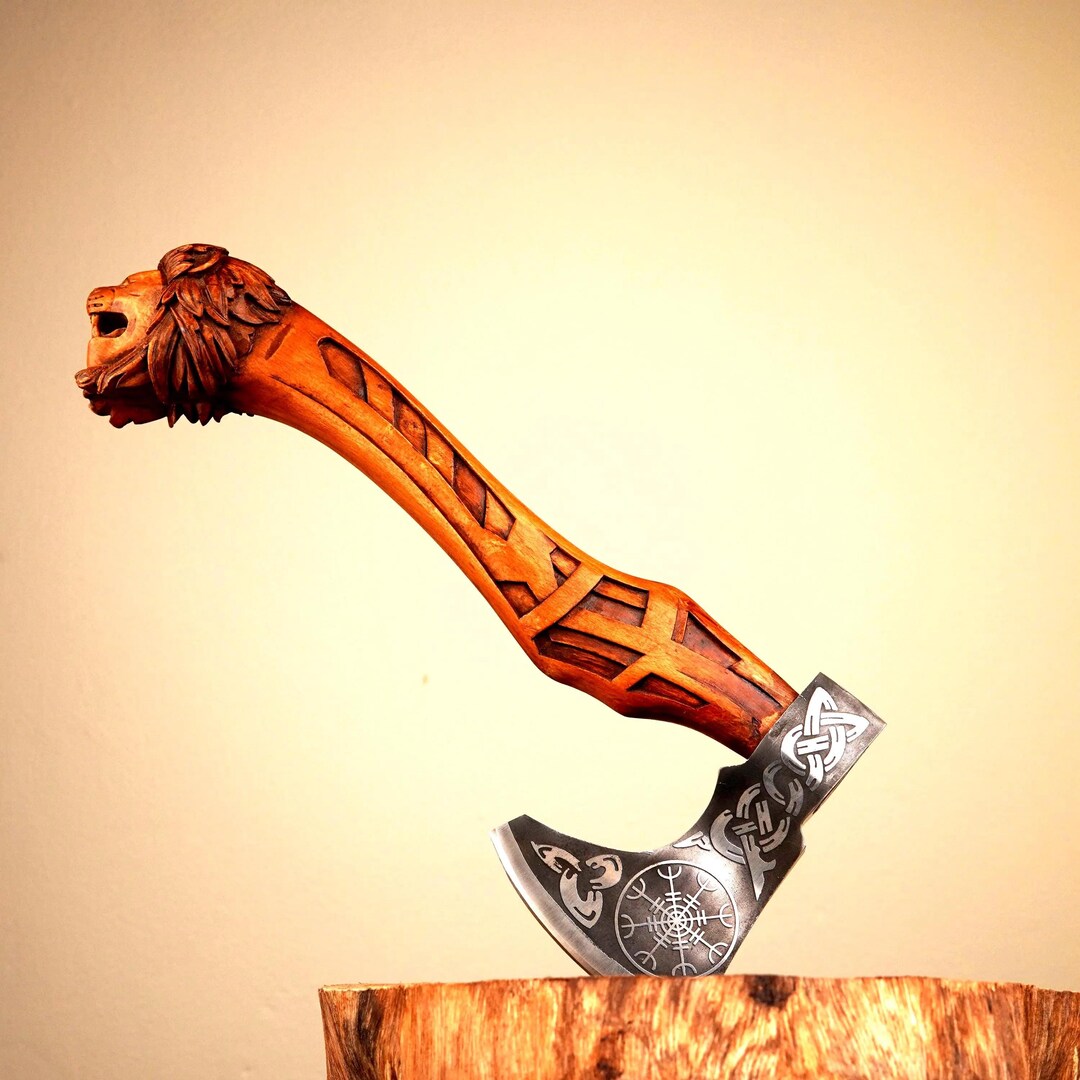 Viking Style Decorative Axe With Carved Wooden Handle & Engraved Steel ...