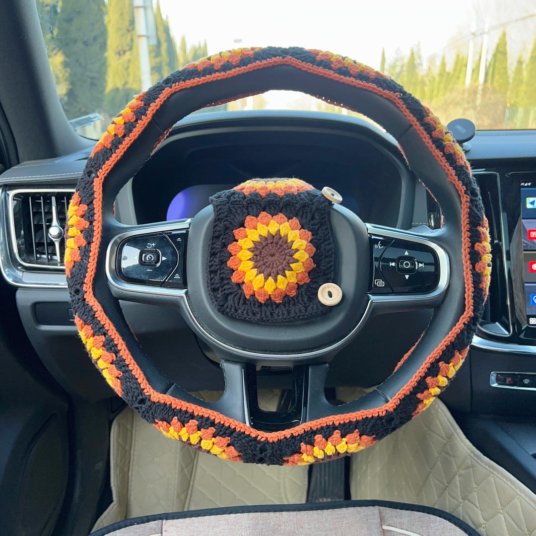 Crochet Vintage Flower Steering Wheel Cover Set With Car Coasters and ...