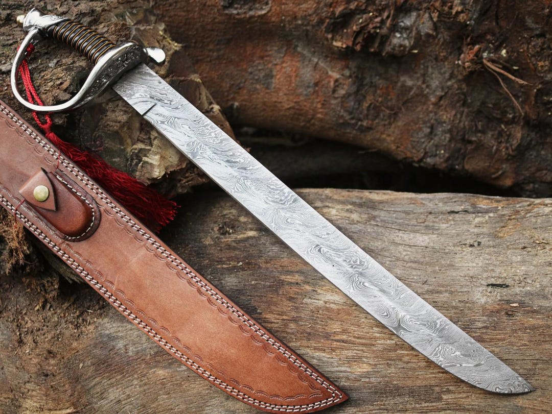 Forged Damascus Steel Longsword - 20" Witcher Sword With Leather Sheath ...