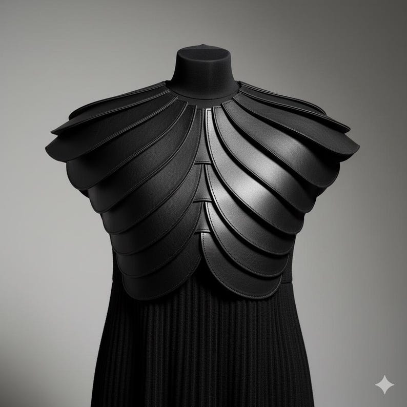 Sculptural Black Leather Armor Capelet , Avant-garde Unisex Outerwear ...