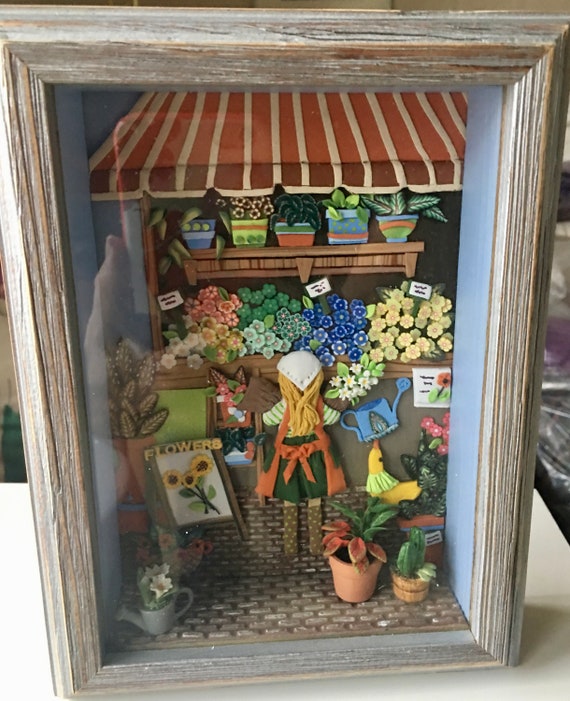 Girl at Flower Market Polymer Clay Shadow Box 6x8 | Etsy