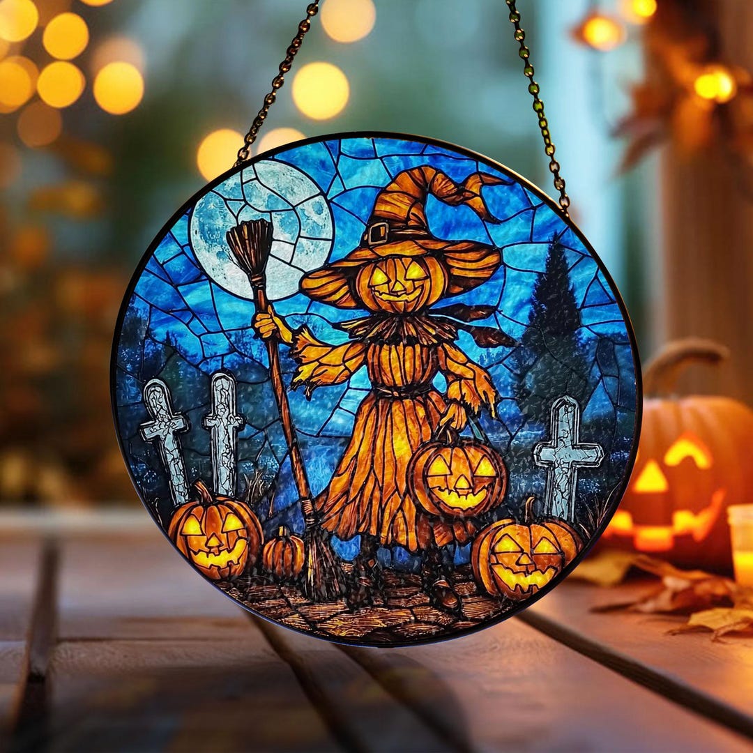 Pumpkin Witch Halloween Stained Glass, Window Hanging Jack-o'-lantern ...