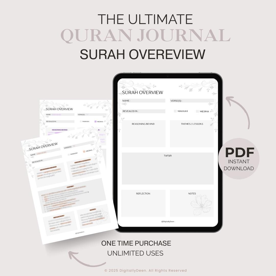 Quran Journal Surah Overview: Minimalist Muslim Study Tracker (digital ...