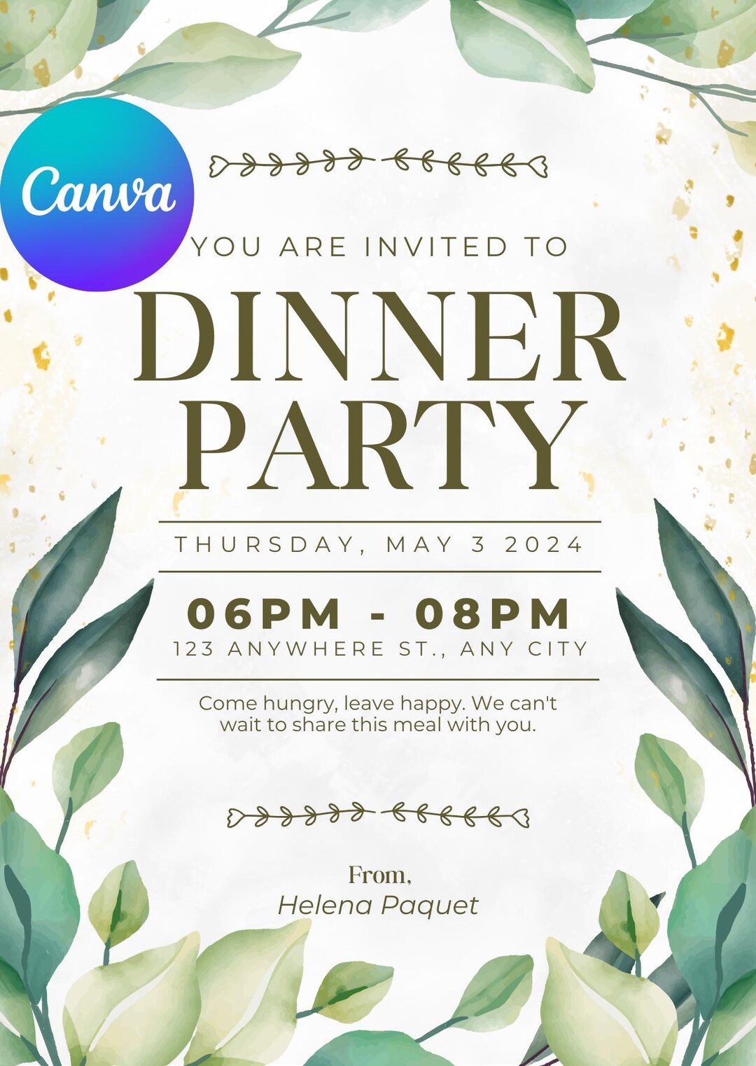 Editable Dinner Party Invitation Template: Elegant Meal Planner ...