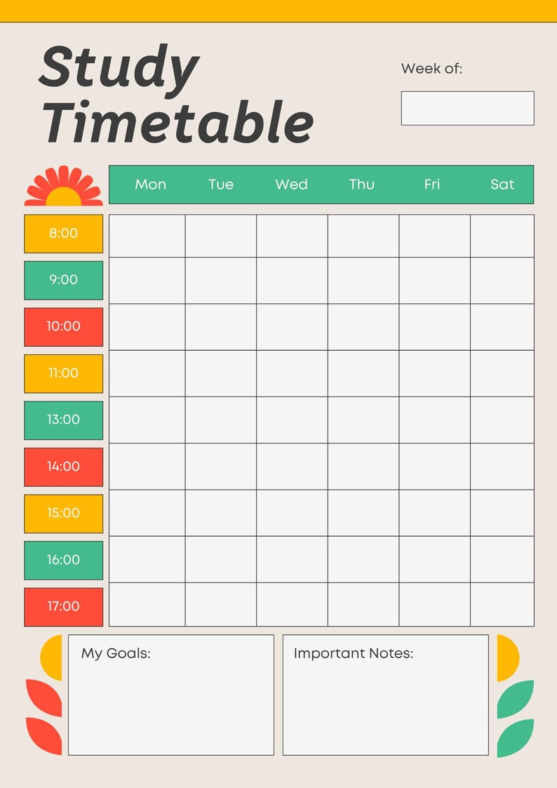 Editable Study Timetable Printable: Student Planner, Exam Schedule (PDF ...