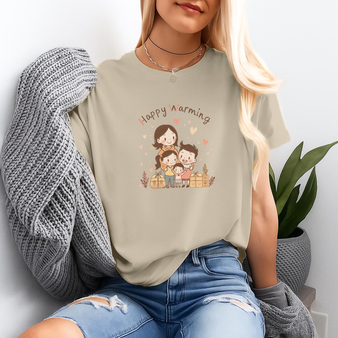 Happy Warming Family Illustration T-shirt, Cozy Autumn Graphic Tee ...