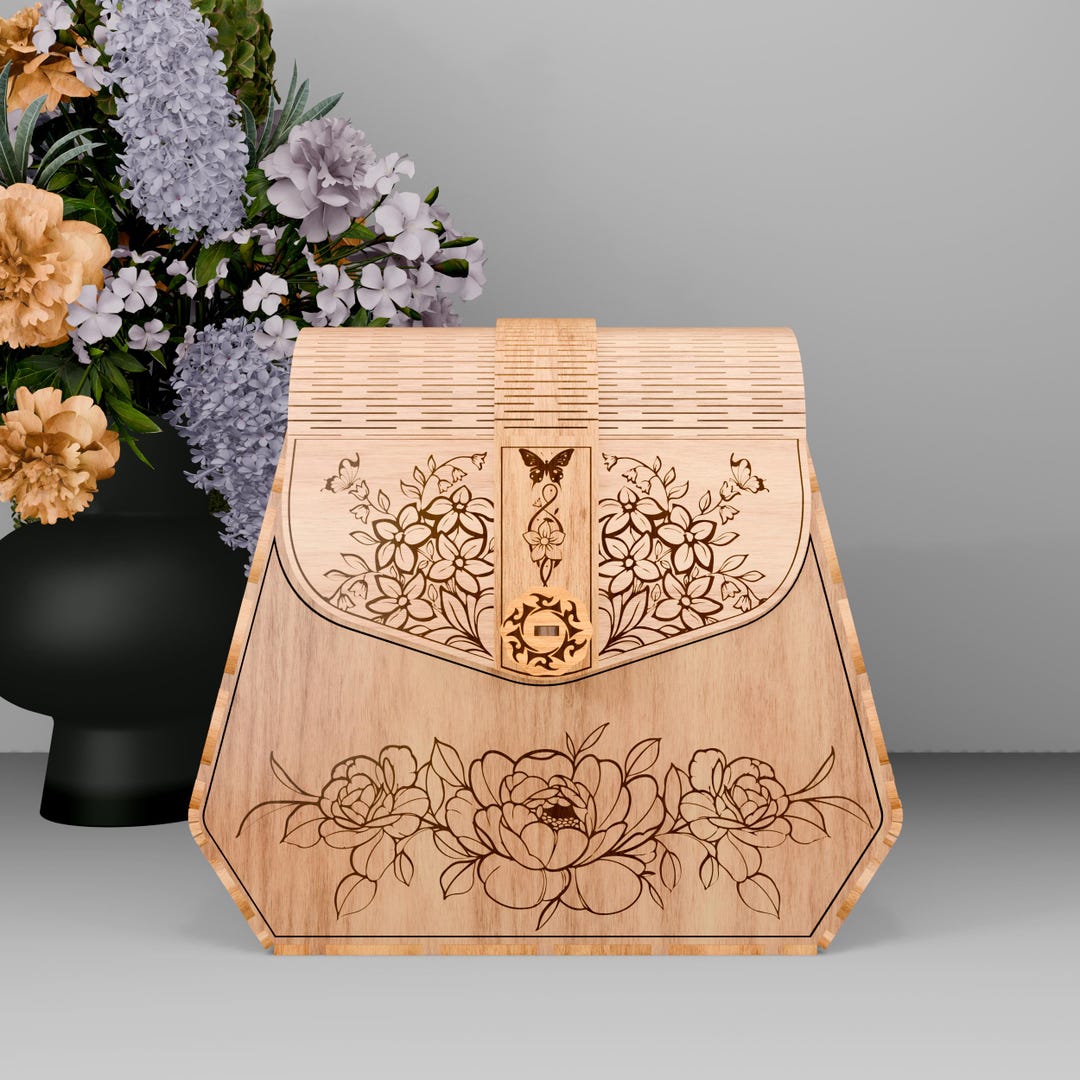 Floral Laser Cut Wooden Purse SVG, Engraved Handbag Pattern (digital ...