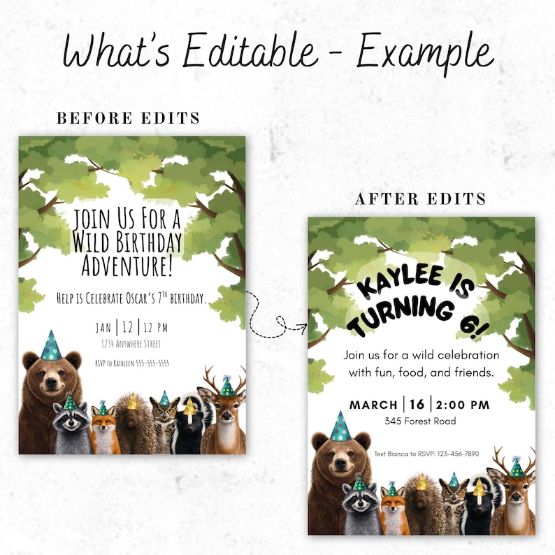 Editable Woodland Animal Birthday Invitation, Forest Animals Party ...