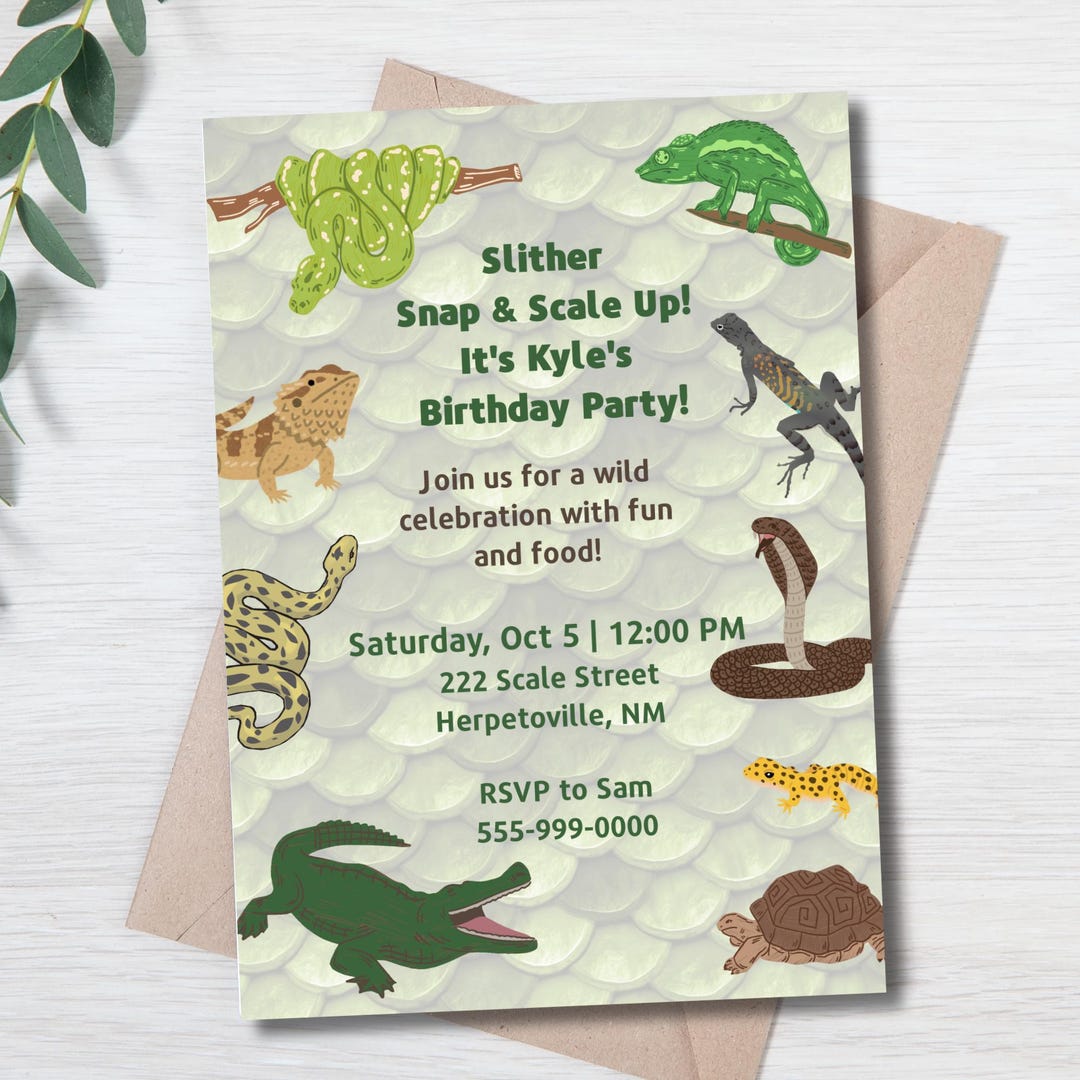 Editable Reptile Birthday Invitation: Snake, Lizard, Turtle Party ...