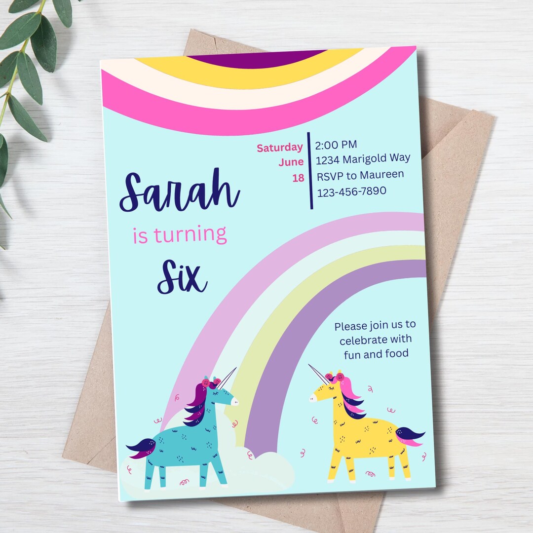 Unicorn Birthday Invitation: Rainbow Party (digital Download, Editable ...