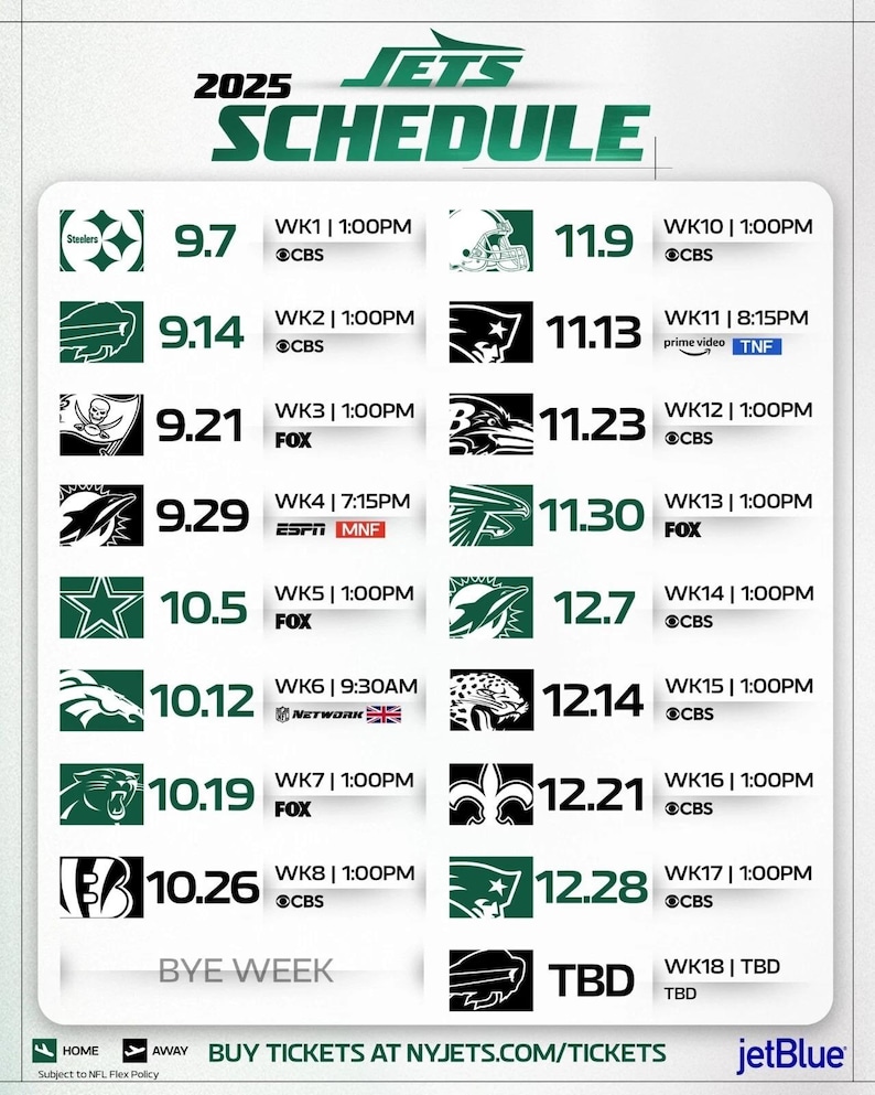 New York Jets 2025 NFL Schedule Match Dates Poster - Etsy