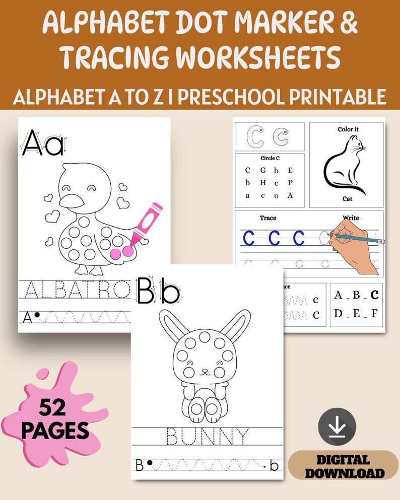 Alphabet Dot Marker & Tracing Worksheets: Preschool Letter Recognition ...