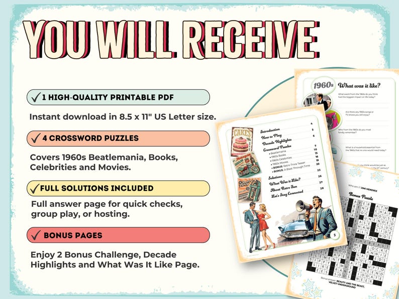 1960s Throwback Crossword Puzzle, Retro Trivia Game (digital Download ...