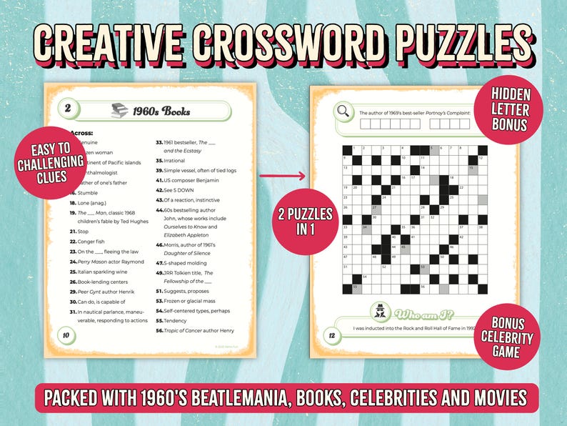 1960s Throwback Crossword Puzzle, Retro Trivia Game (digital Download ...