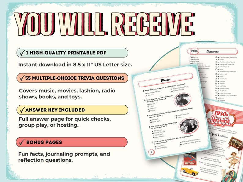 1950s Trivia Printable Quiz Game, Large Print Trivia Game for Seniors ...