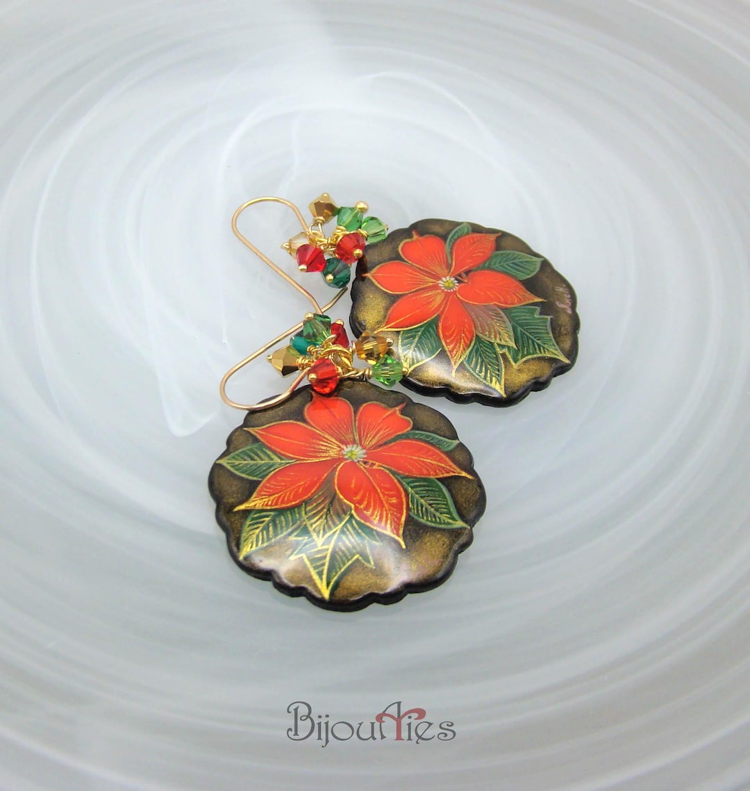 Hand Painted Poinsettia Papier Mache Dangle Earrings, Crystal Accents ...
