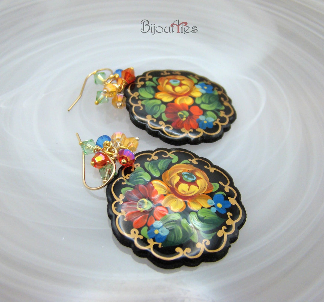 Handpainted Lacquer Art Paper Mache, Floral Design, Dangle Earrings ...