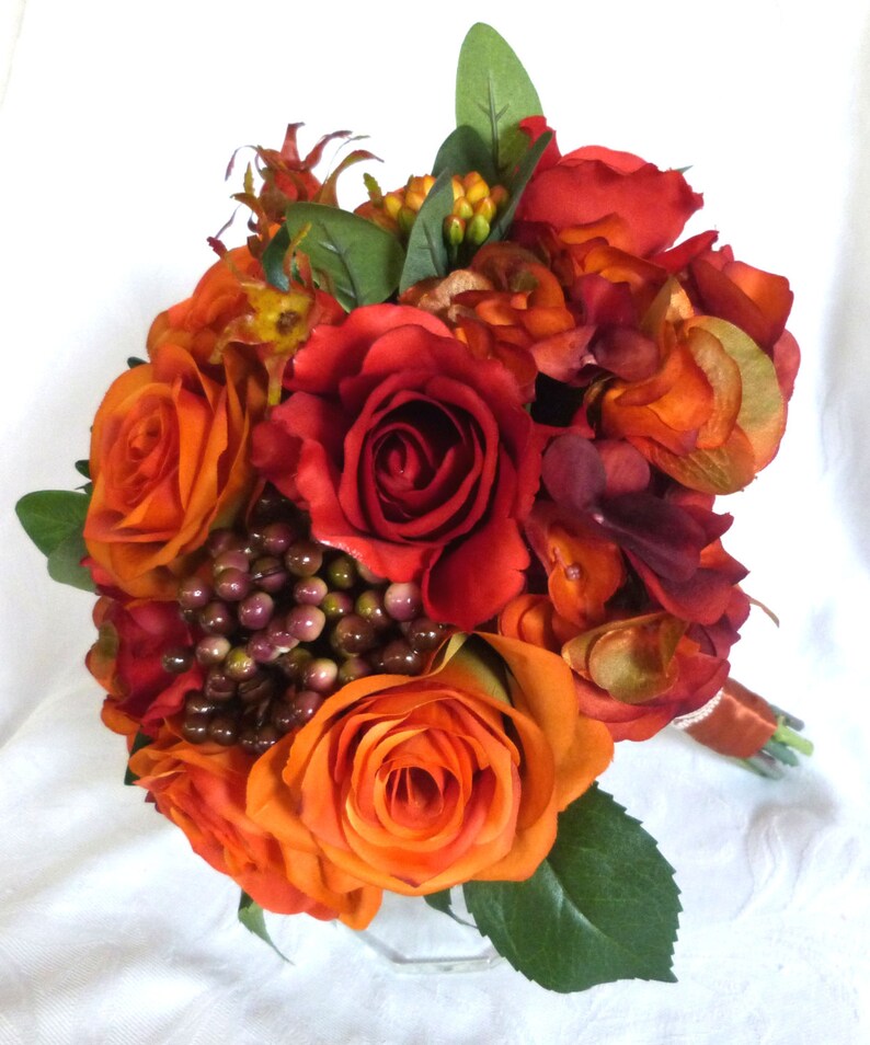 Fall color rose bouquet flowers in shades of orange and reds | Etsy