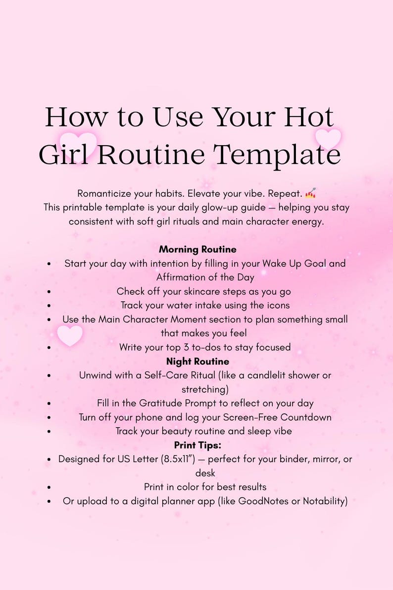 Hot Girl Morning & Night Routine Template – Printable Daily Self-care ...