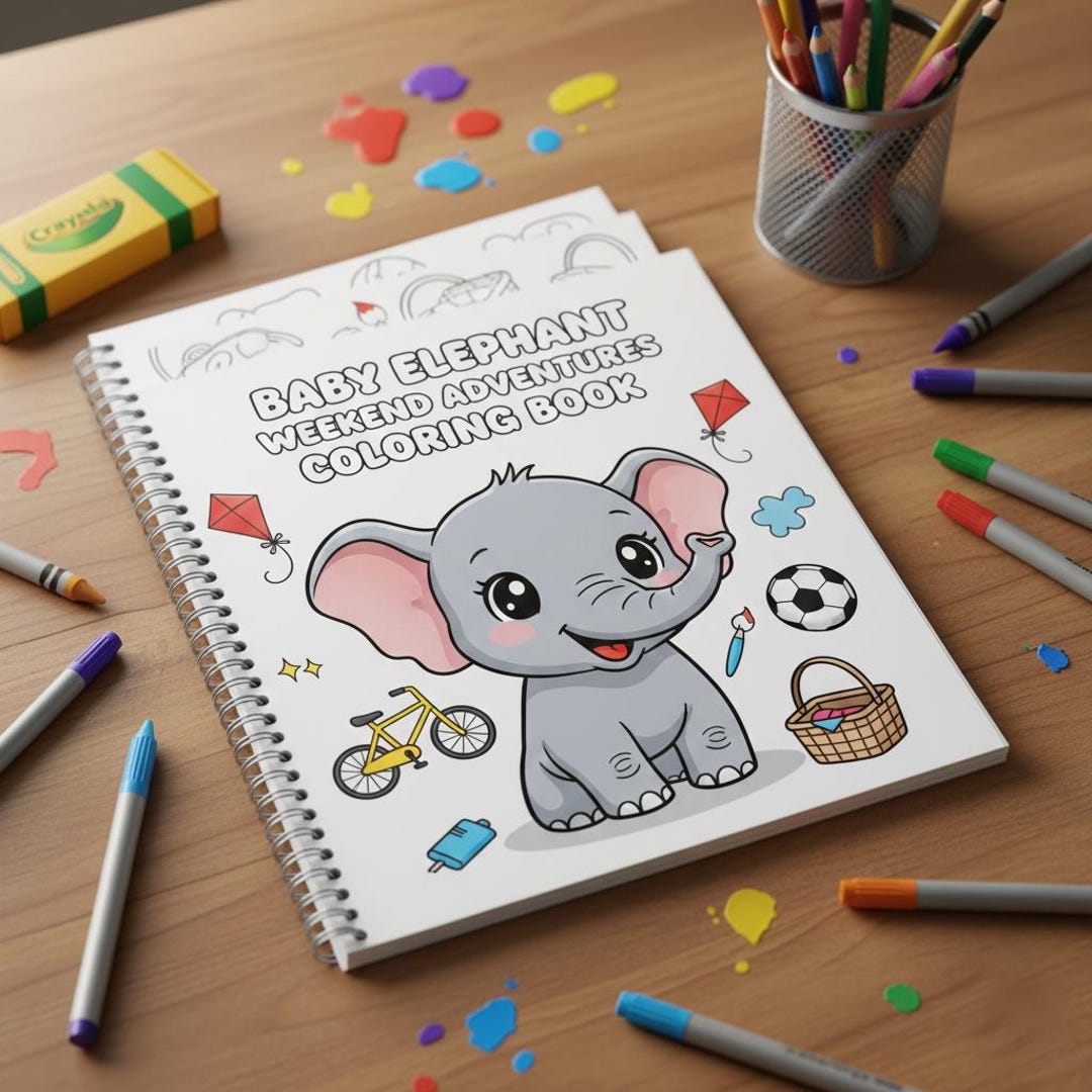Baby Elephant Weekend Adventures Coloring Book | Cute Cartoon Line Art ...
