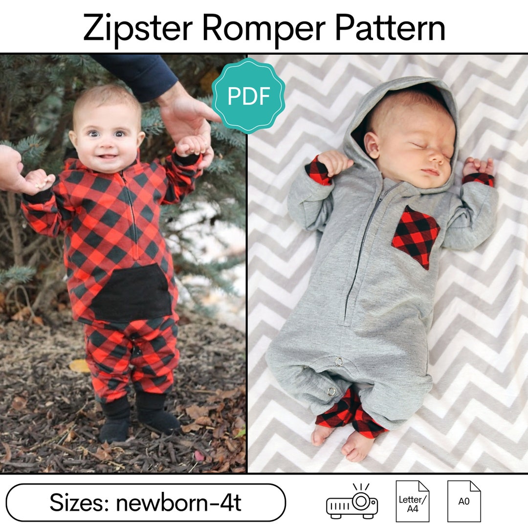 Zipster Romper Sewing Pattern: Hooded Romper Pattern, Baby Romper ...