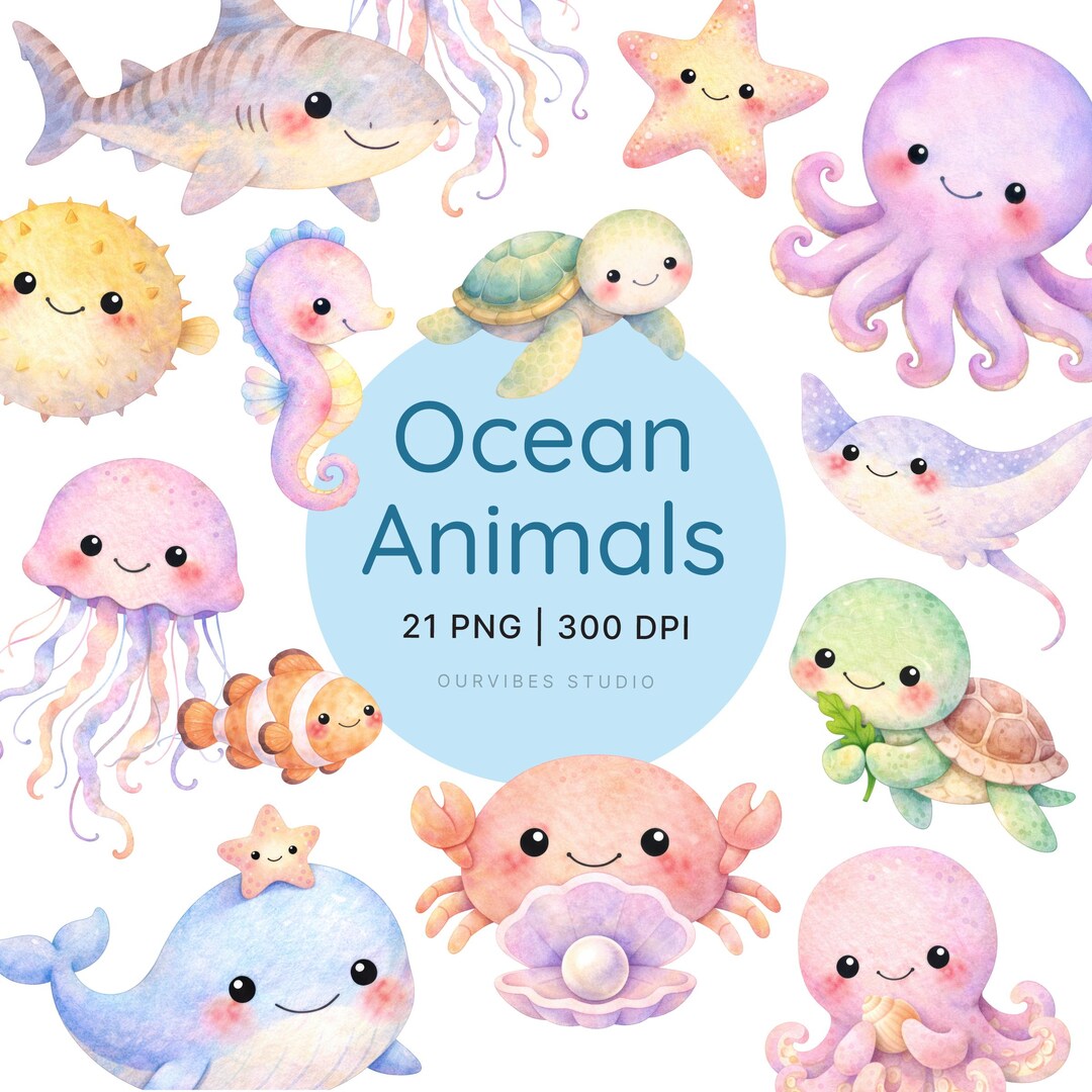 Ocean Sea Animals Clipart PNG Watercolor - Etsy