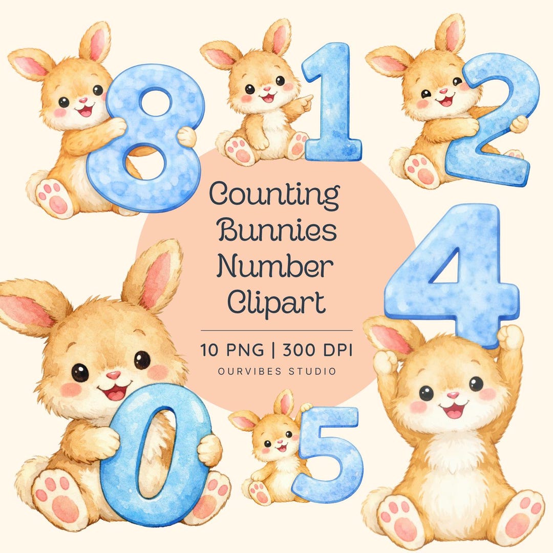 Counting Bunny Number Clipart – Watercolor Bunny Math Learning PNG (10 ...