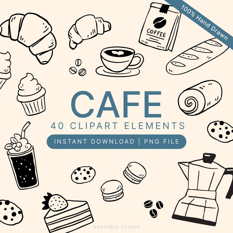 Cafe Clipart Set | Hand-drawn Coffee & Bakery PNG Bundle (digital ...