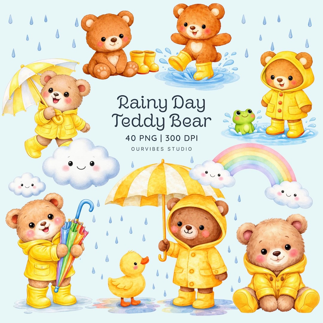 Rainy Day Teddy Bear Clipart | Yellow Raincoat Bears, Umbrellas ...