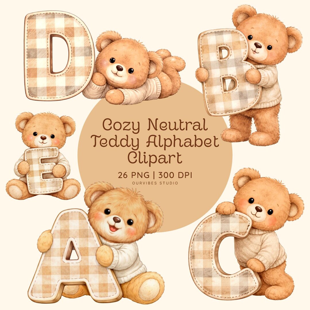 Cozy Neutral Teddy Bear Alphabet A-Z Clipart (plaid ABC Nursery Set ...