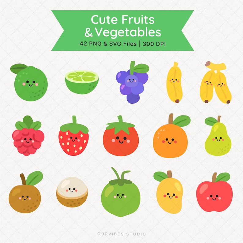Fruits Vegetables Clipart PNG SVG, Kawaii Food Faces Sticker, Kids ...
