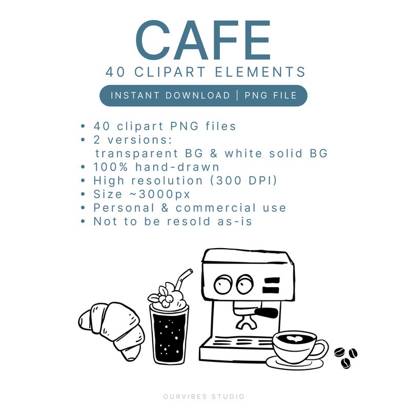Cafe Clipart Set | Hand-drawn Coffee & Bakery PNG Bundle (digital ...