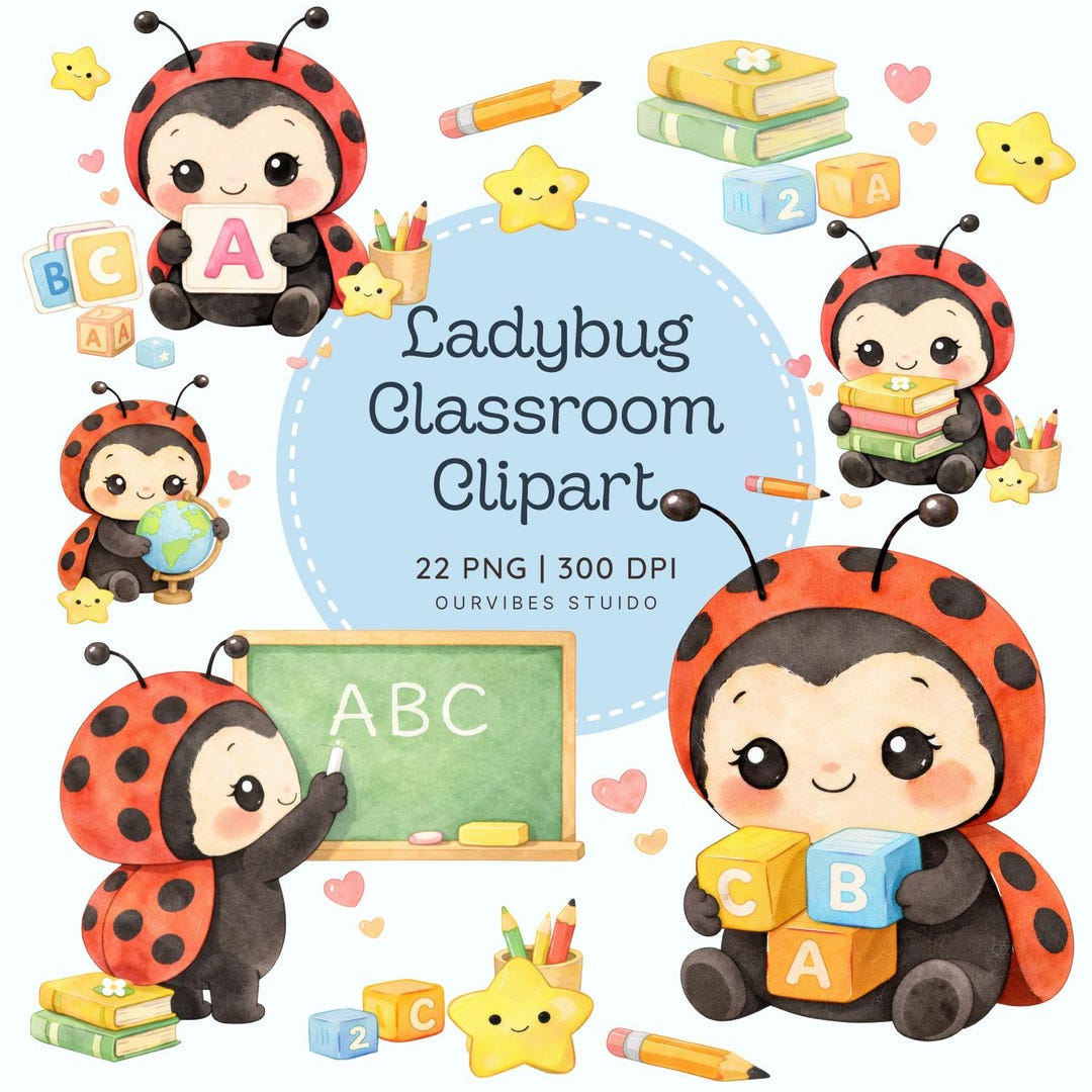 Ladybug Classroom Clipart – Watercolor School Elements (22 PNG 300 DPI ...