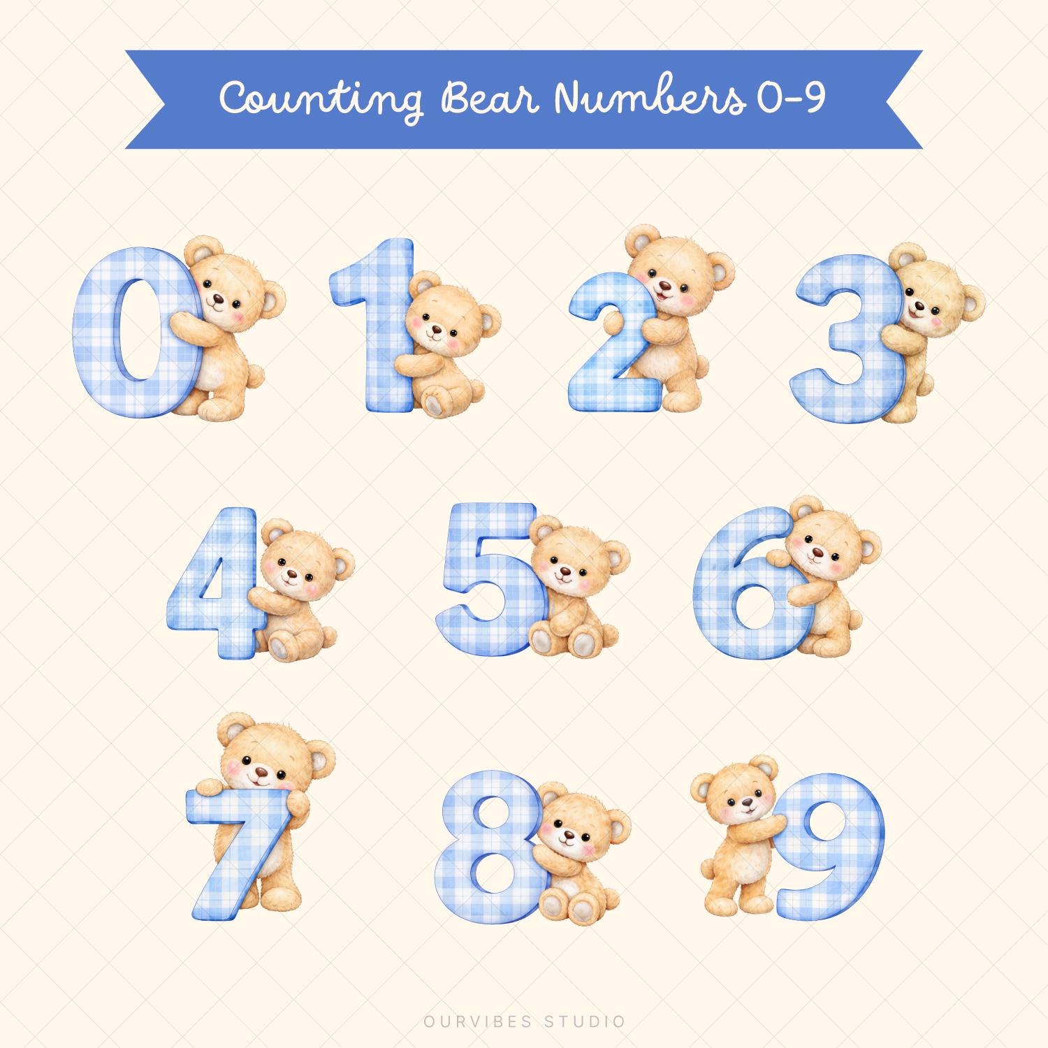 Counting Bear Number Clipart – Watercolor Bear Preschool Math Learning ...
