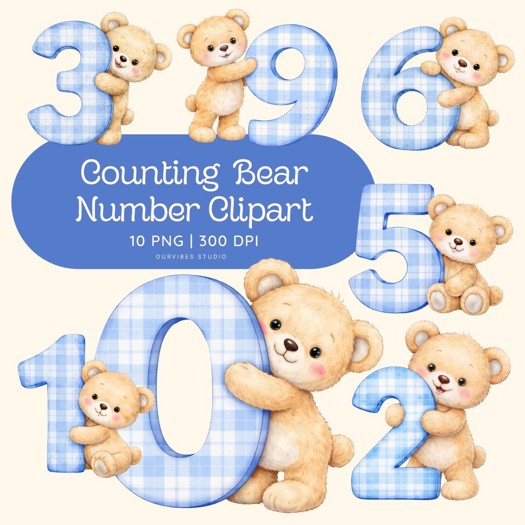 Counting Bear Number Clipart – Watercolor Bear Preschool Math Learning ...