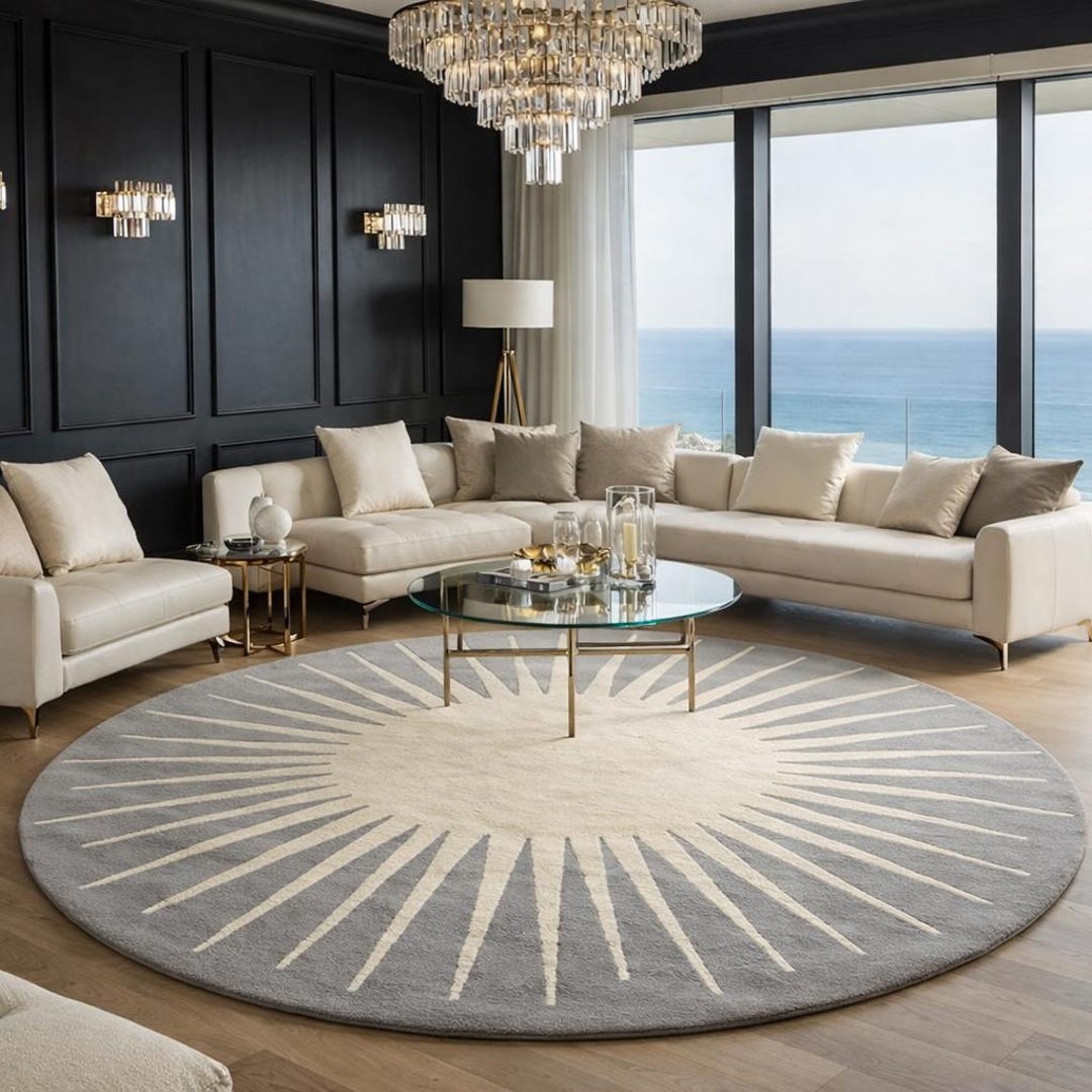 Luxury Round Sunburst Rug – Grey & Ivory Modern Designer Area Rug for ...