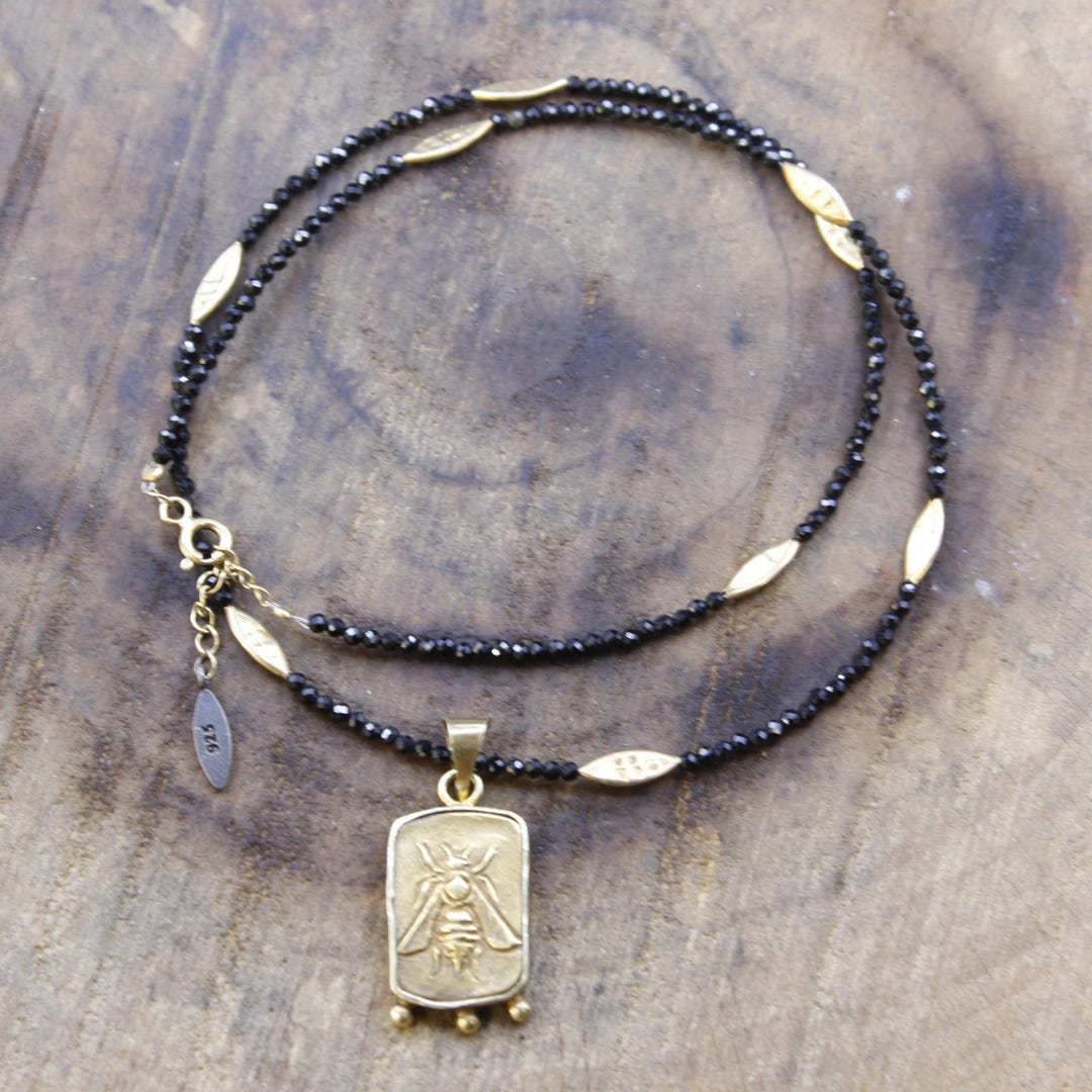 Ancient Roman Bronze Honey Bee Coin Necklace: Natural Black Spinel ...