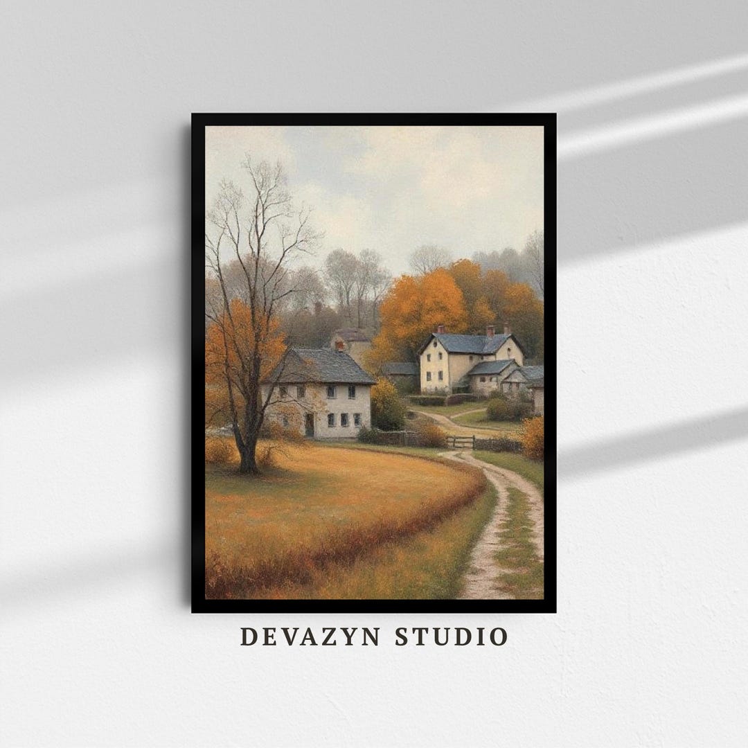 Cozy Autumn Country House Landscape Art Print, Warm Fall Village Scene ...