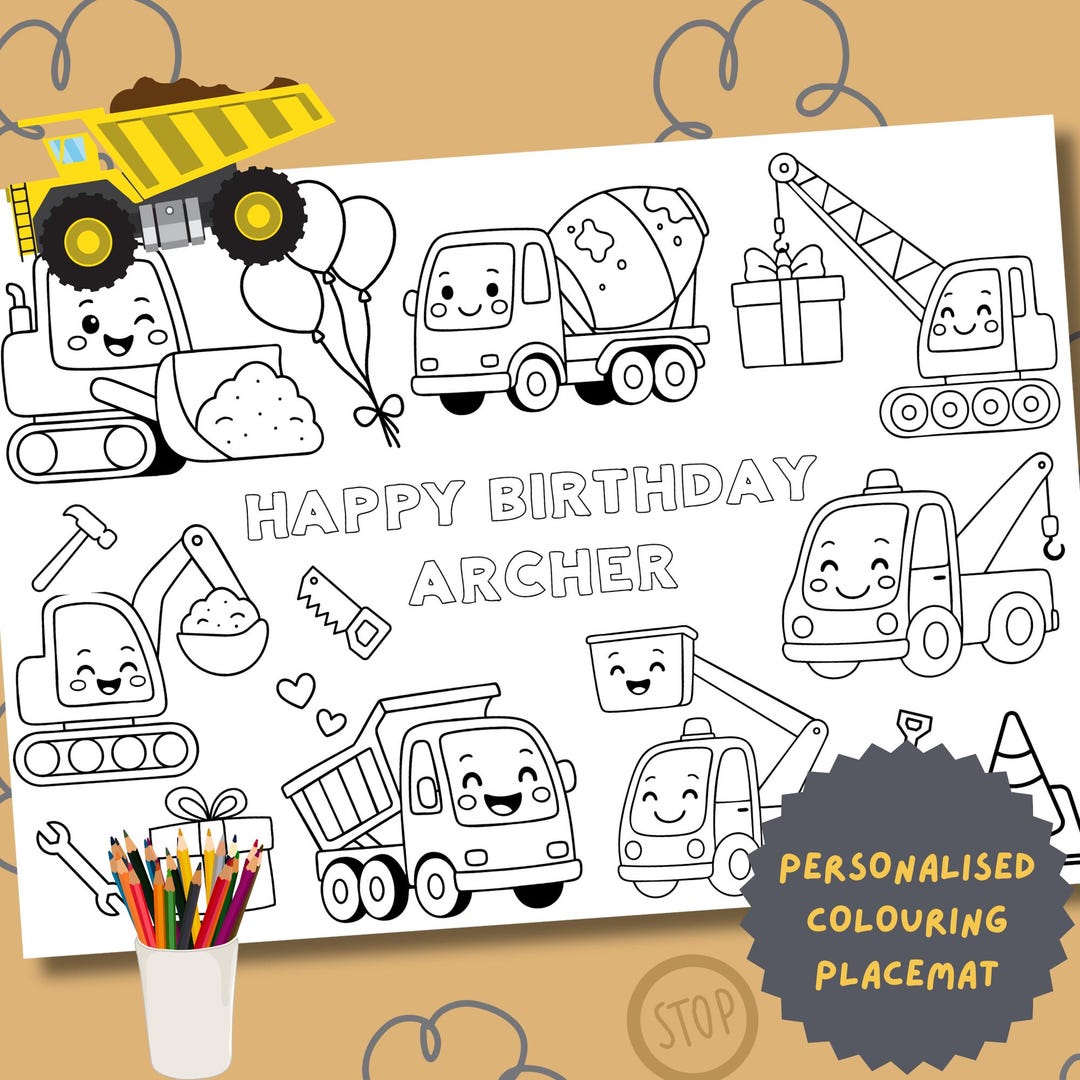 Personalized Digger Construction Birthday Coloring Placemat: Kids Party ...