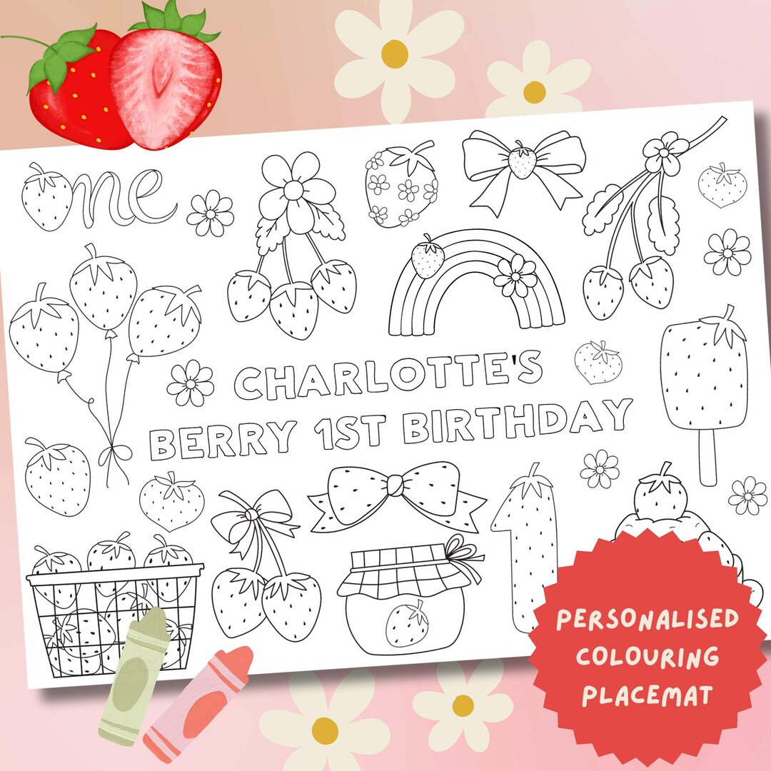 Personalized Berry First 1st Birthday Strawberry Coloring Placemat ...
