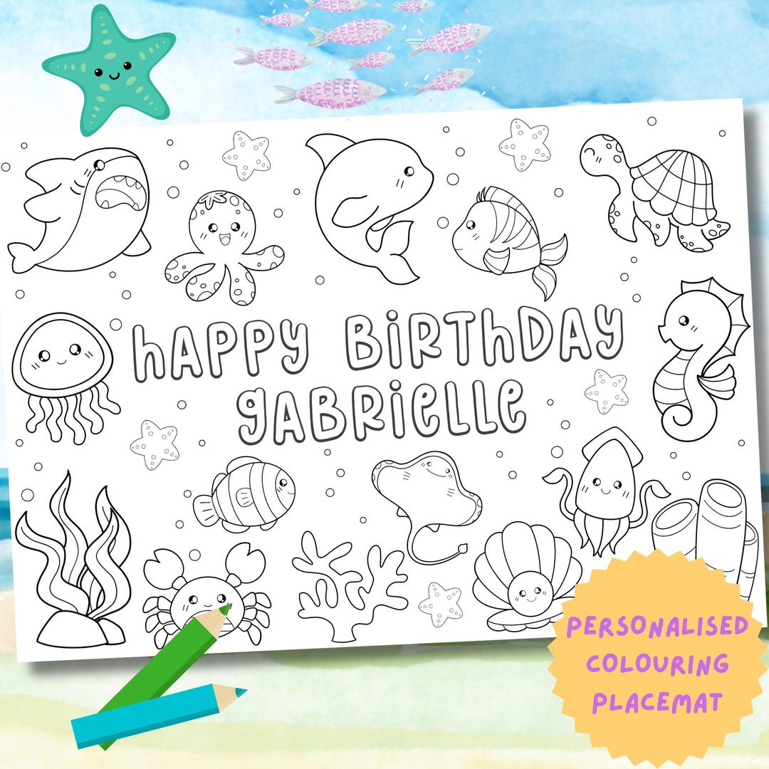 Personalized Sea Animals Birthday Coloring Placemat: Kids Party ...