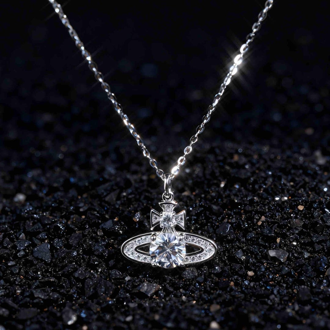 Saturn Orb Necklace, Sparkly Cubic Zirconia Planet Pendant, Dainty ...