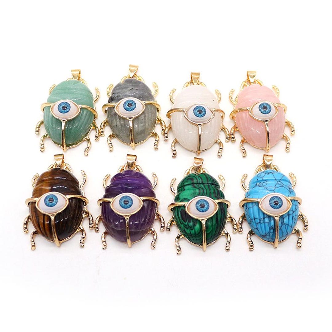 Natural Gemstone Scarab Beetle With Evil Eye Pendant for Necklace ...