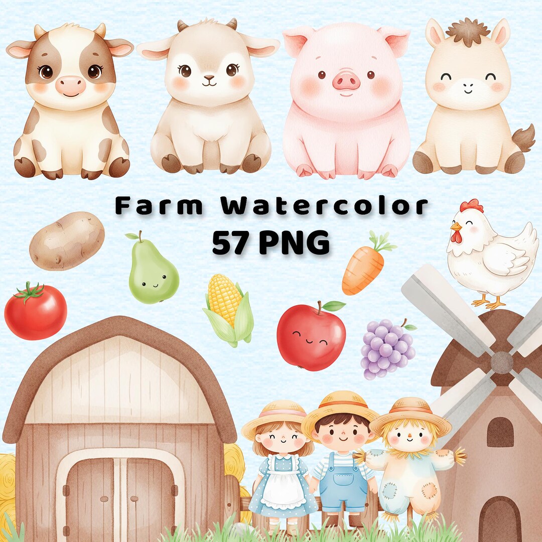 Cute Farm Animals Watercolor Clipart PNG Bundle | 57 Kawaii Barnyard ...