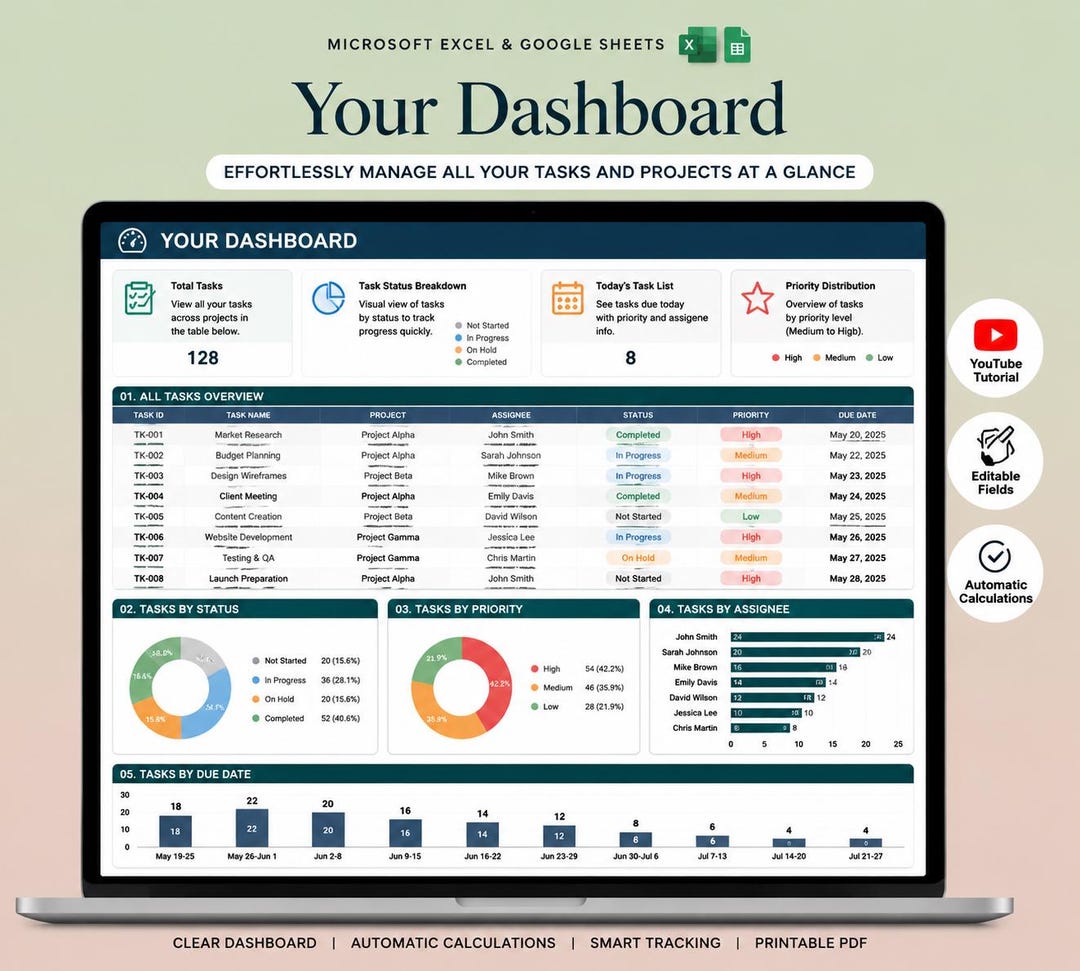 Task Tracker Spreadsheet | Excel and Google Sheets Planner | Gantt ...