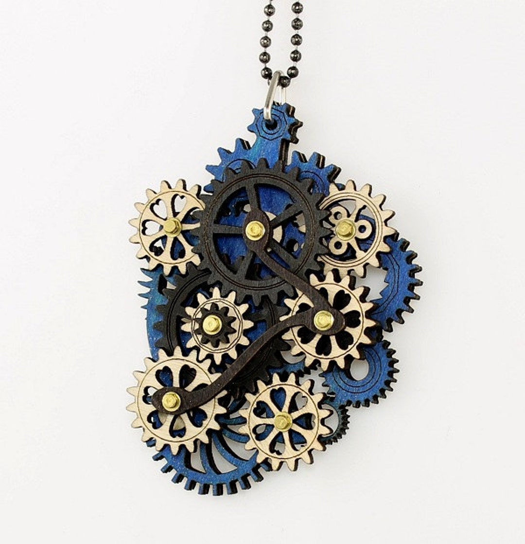 Kinetic Gear Pendant – Cobalt Blue, Laser Cut Wood - Etsy